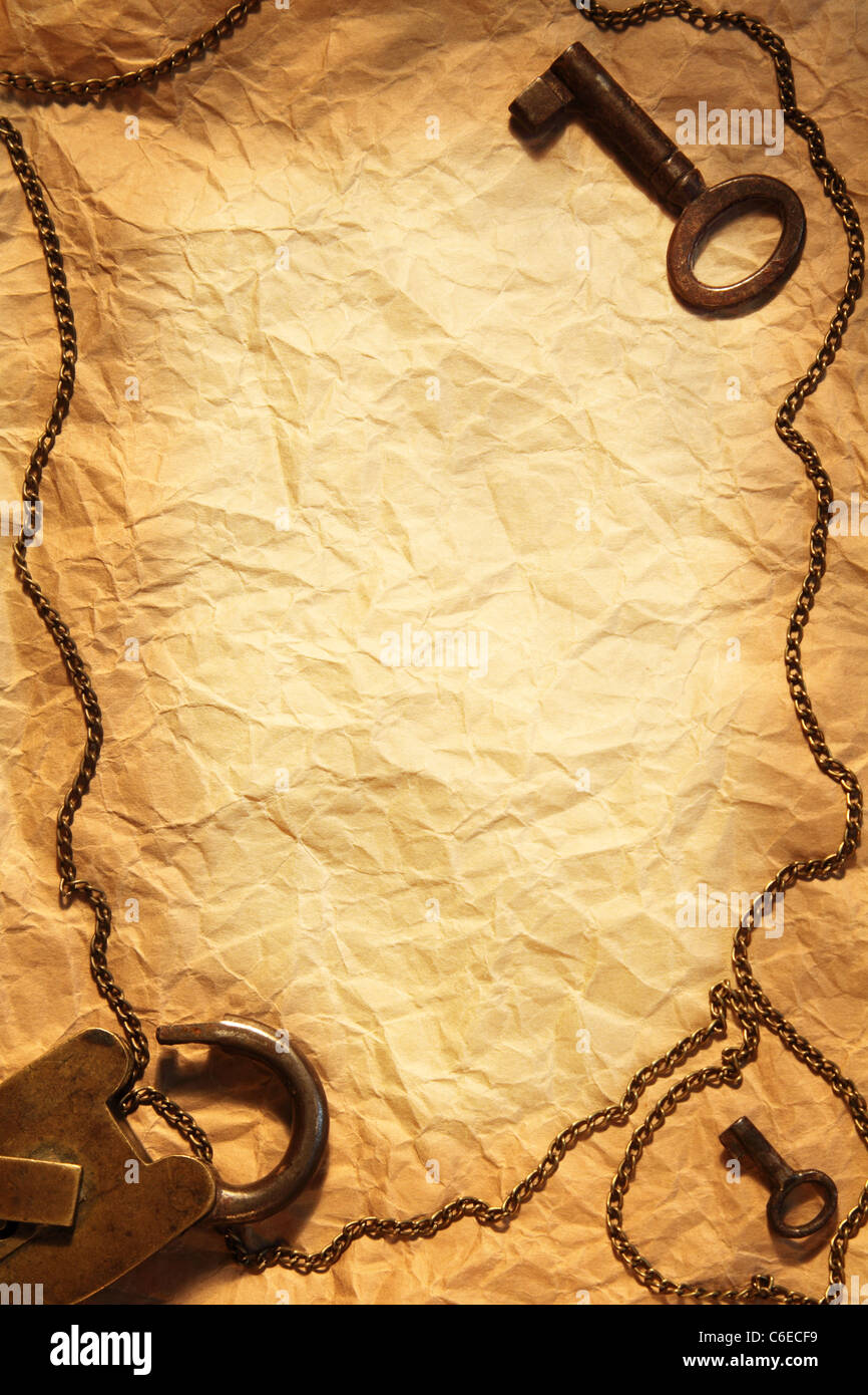 Blank sheet of crumpled paper, framed in vintage padlock and keys Stock ...