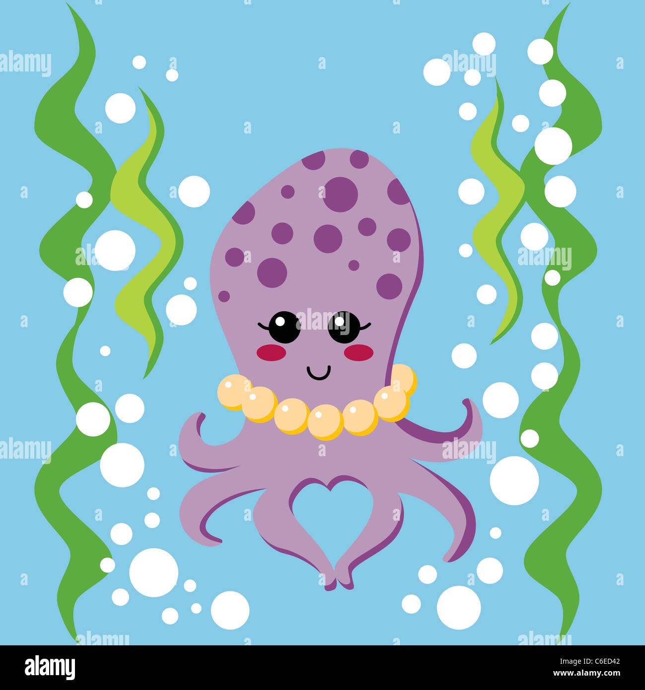 Lovely female octopus with pearl necklace swimming between seaweed ...
