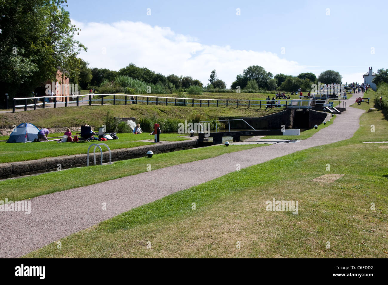 Shot of the holding pool and upper staircase of locks at Foxton Locks ...