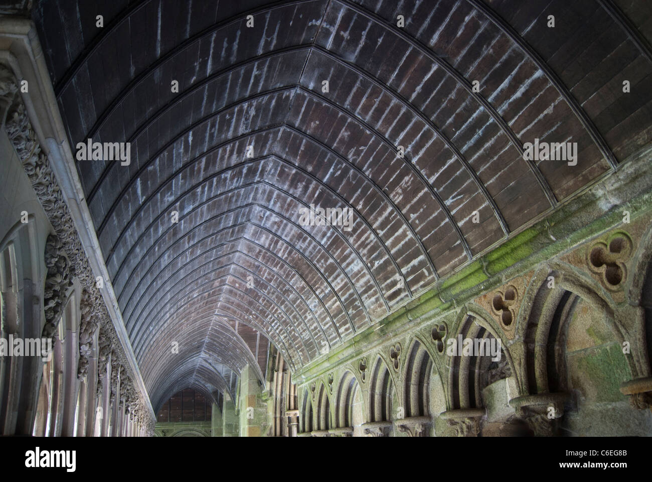 Corridor in cloister at Mont Saint Michel monastery with wooden rib ...