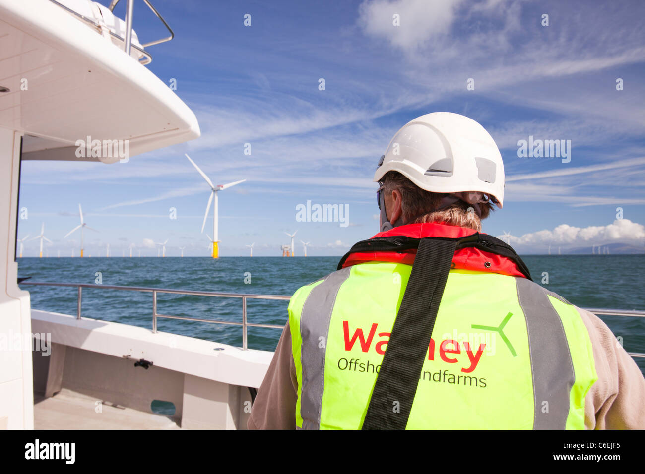 A health and safety inspector on a crew transfer vessel at the Walney ...
