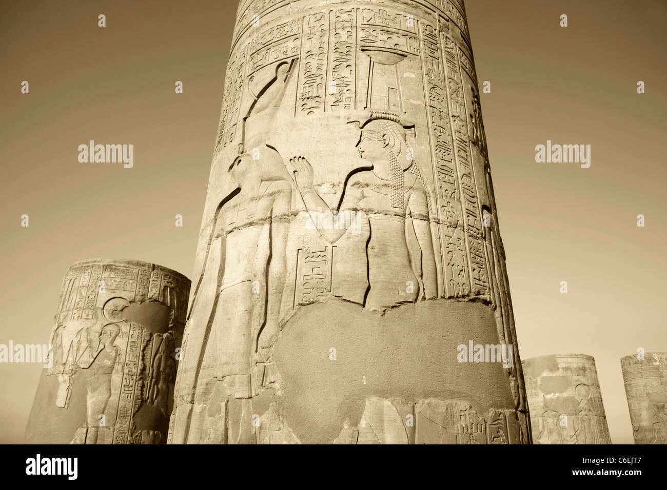 Carved column at the Temple of Horus and Sobek on the Nile River at Kom ...