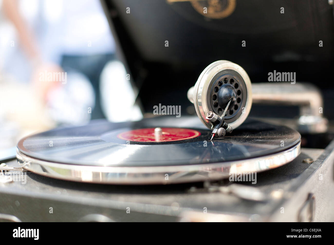 A Vintage gramophone playing a vinyl record Stock Photo - Alamy