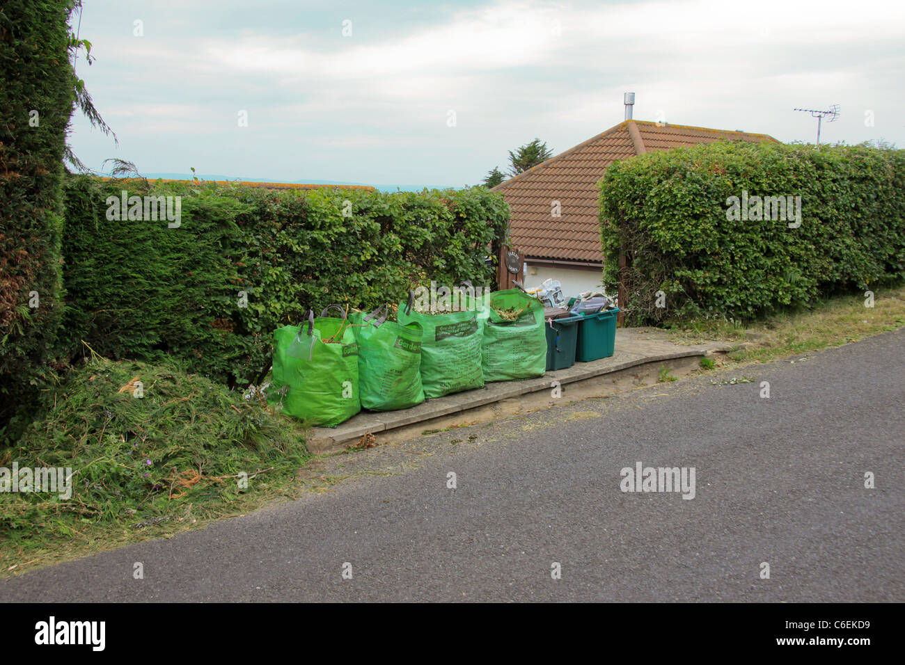 Green garden waste bags and recycling boxes awaiting collection Stock ...