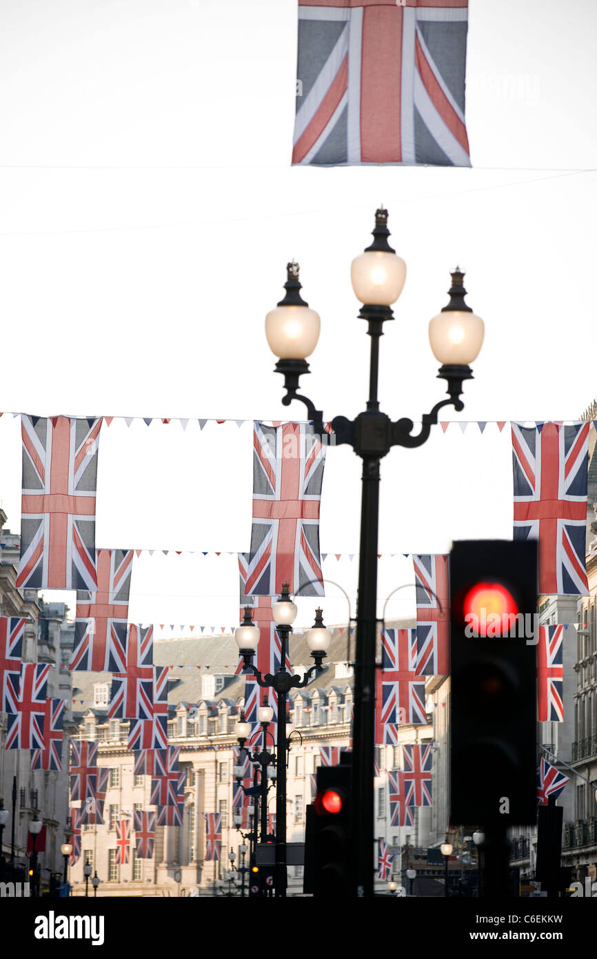 Union jack flags hanging on Regent Street, London Stock Photo - Alamy