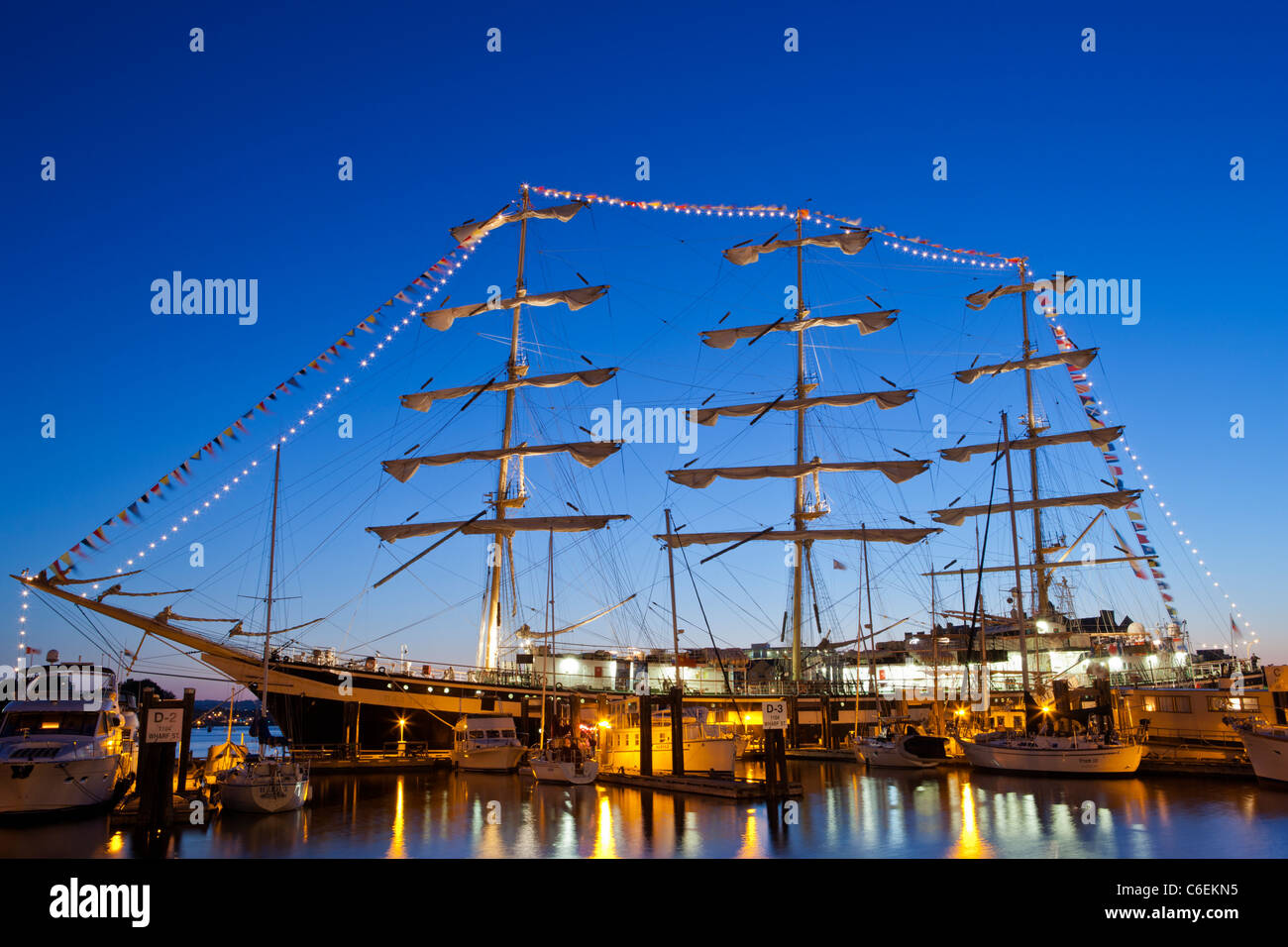 Russian tall ship Pallada berthed at inner harbour at dusk-Victoria ...