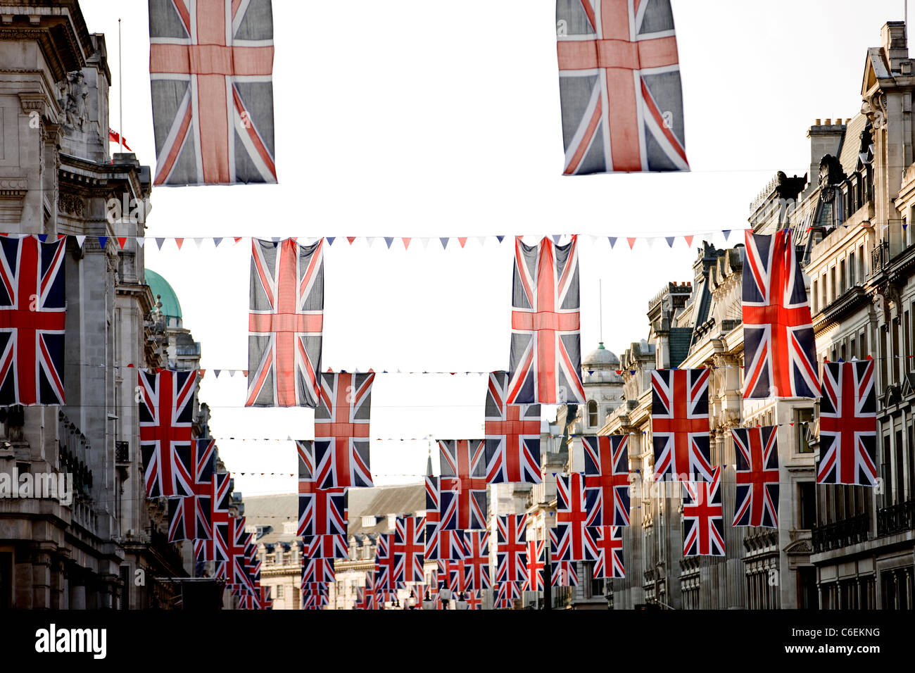 Union jack flags hanging on Regent Street, London Stock Photo - Alamy