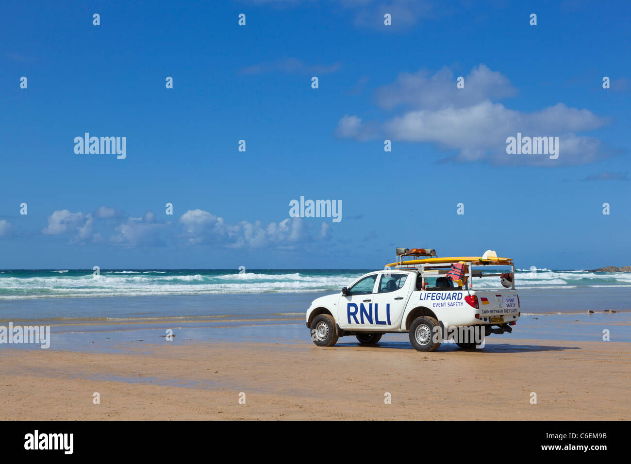 RNLI lifeguard rescue vehicle on beach in Newquay Cornwall England UK ...