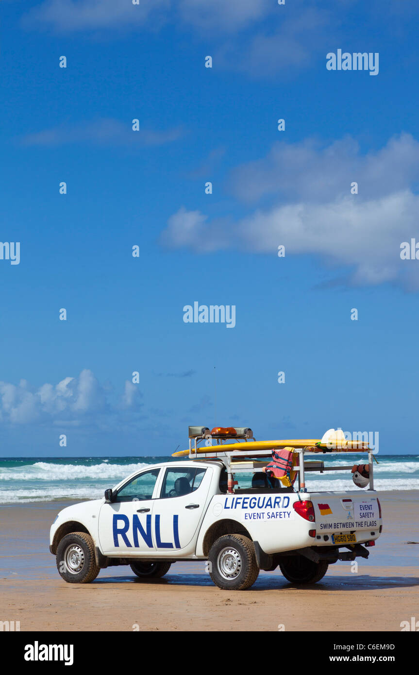 RNLI lifeguard rescue vehicle on beach in Newquay Cornwall England UK ...
