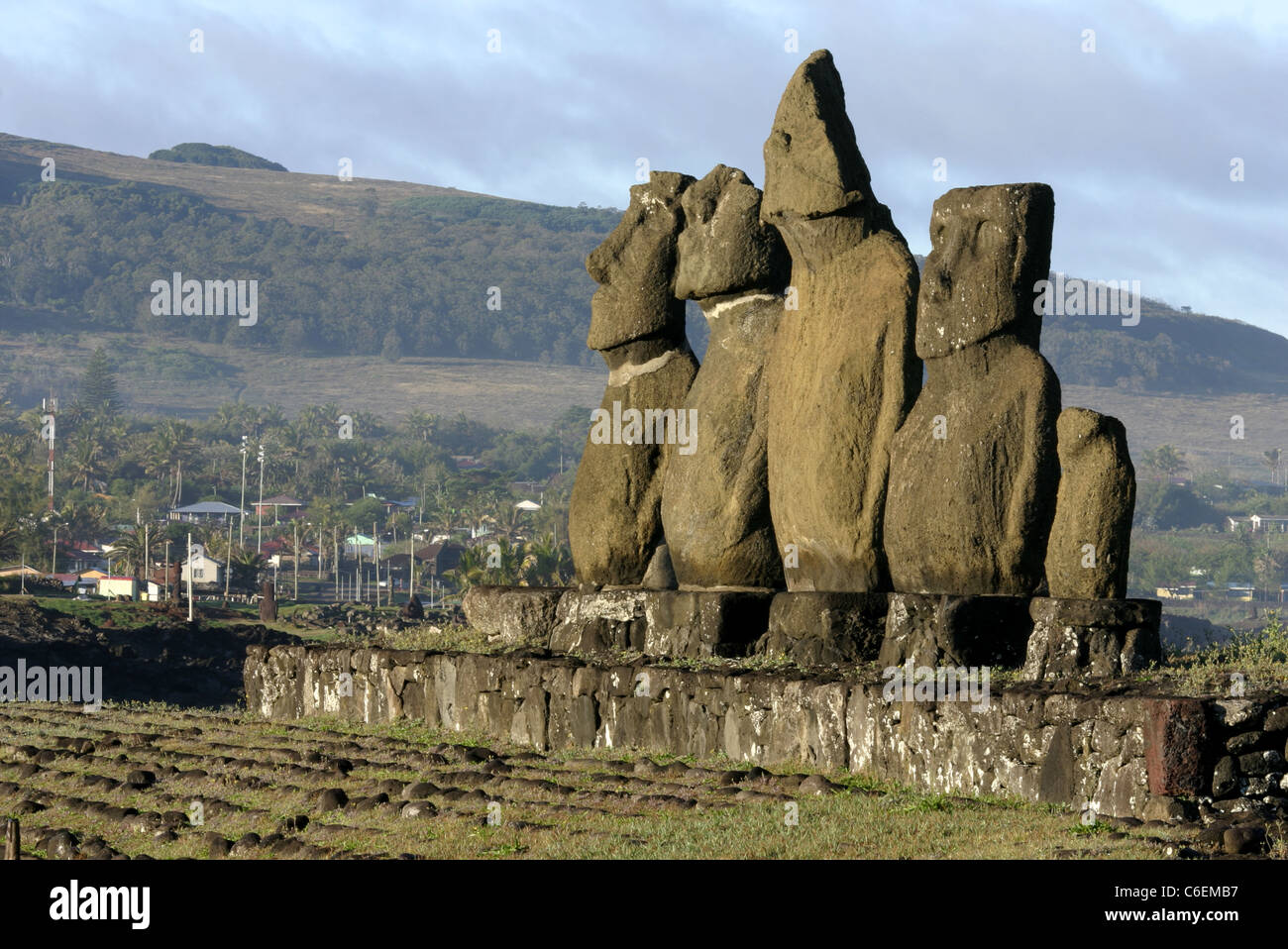 Moai statues of Ahu Vai Uri at sunrise. Rapa Nui, Easter Island ...