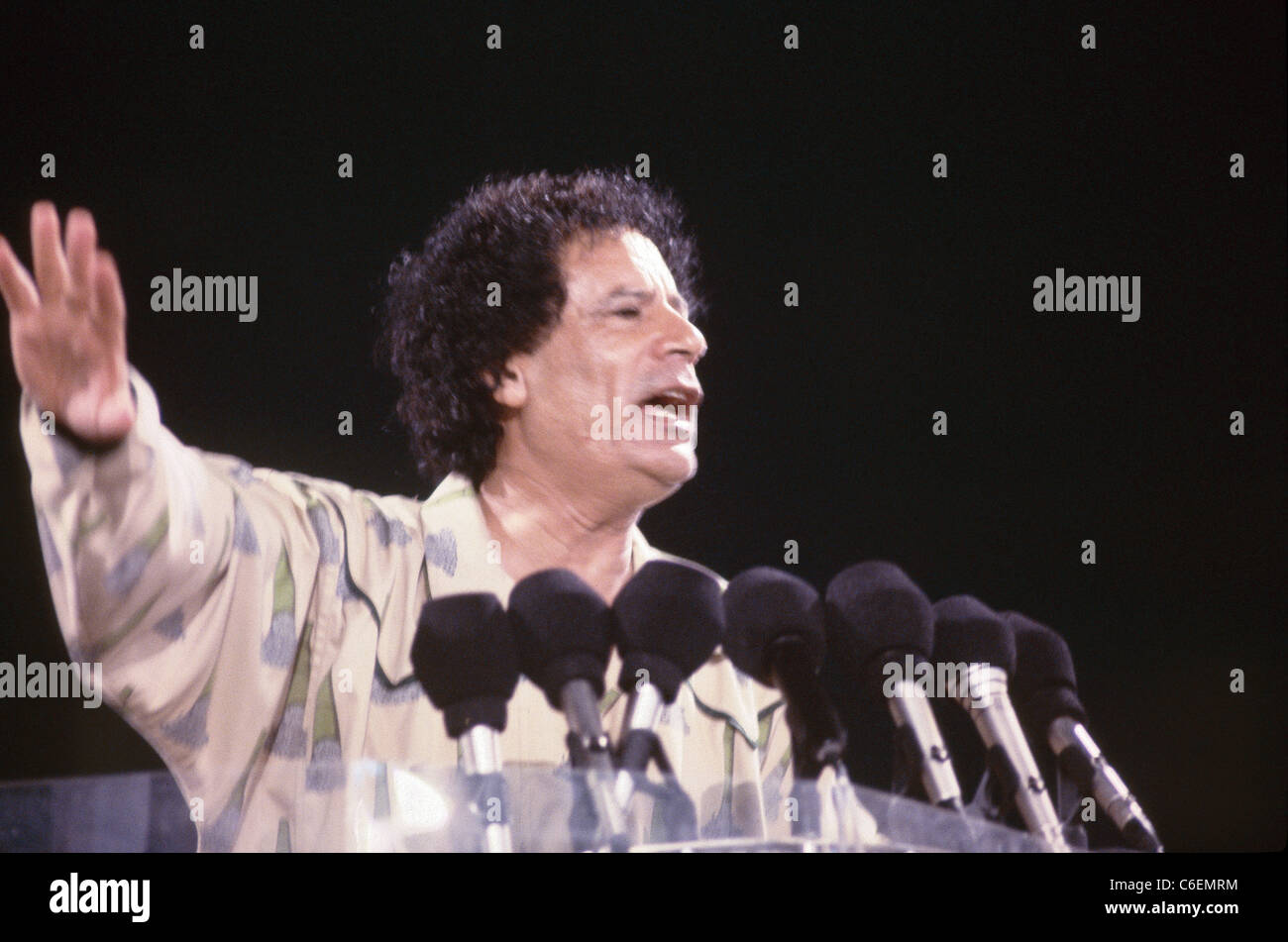Libyan Col Muammar Gaddhafi speaks in Benghazi marking the opening of ...