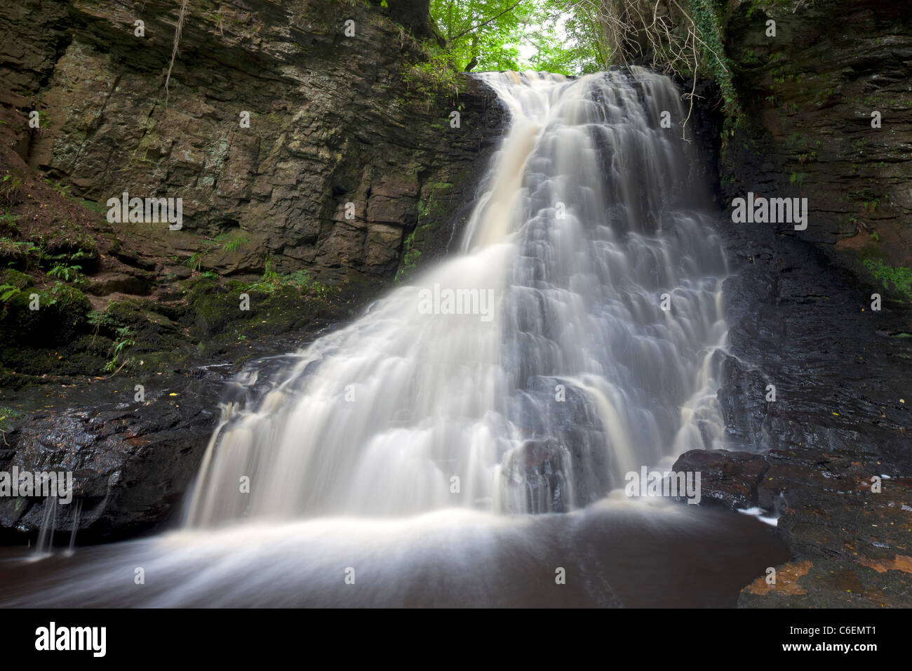 Gushing water over Hareshaw Linn Waterfall, near Bellingham ...