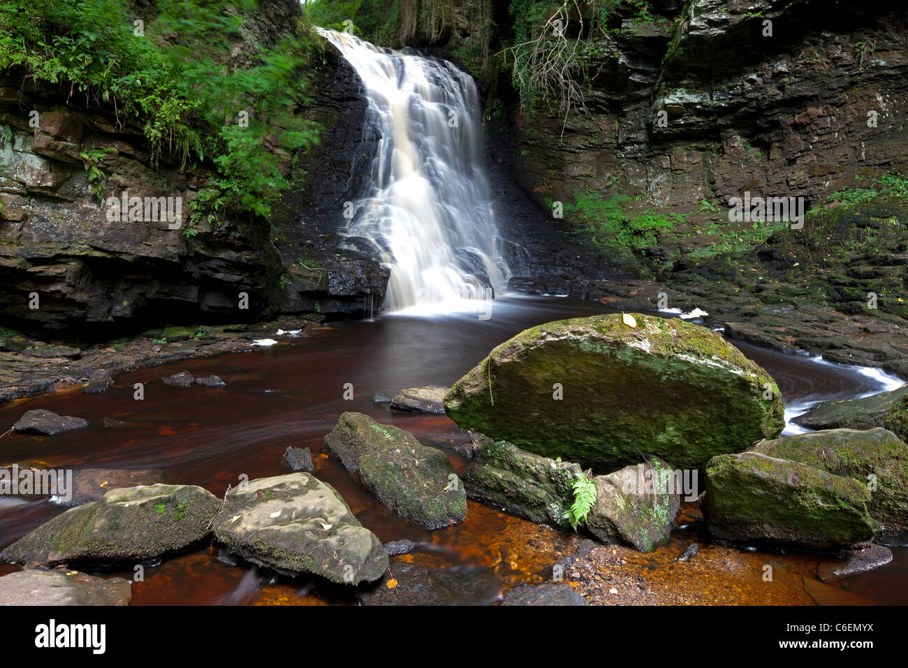 Gushing water over Hareshaw Linn Waterfall, near Bellingham ...