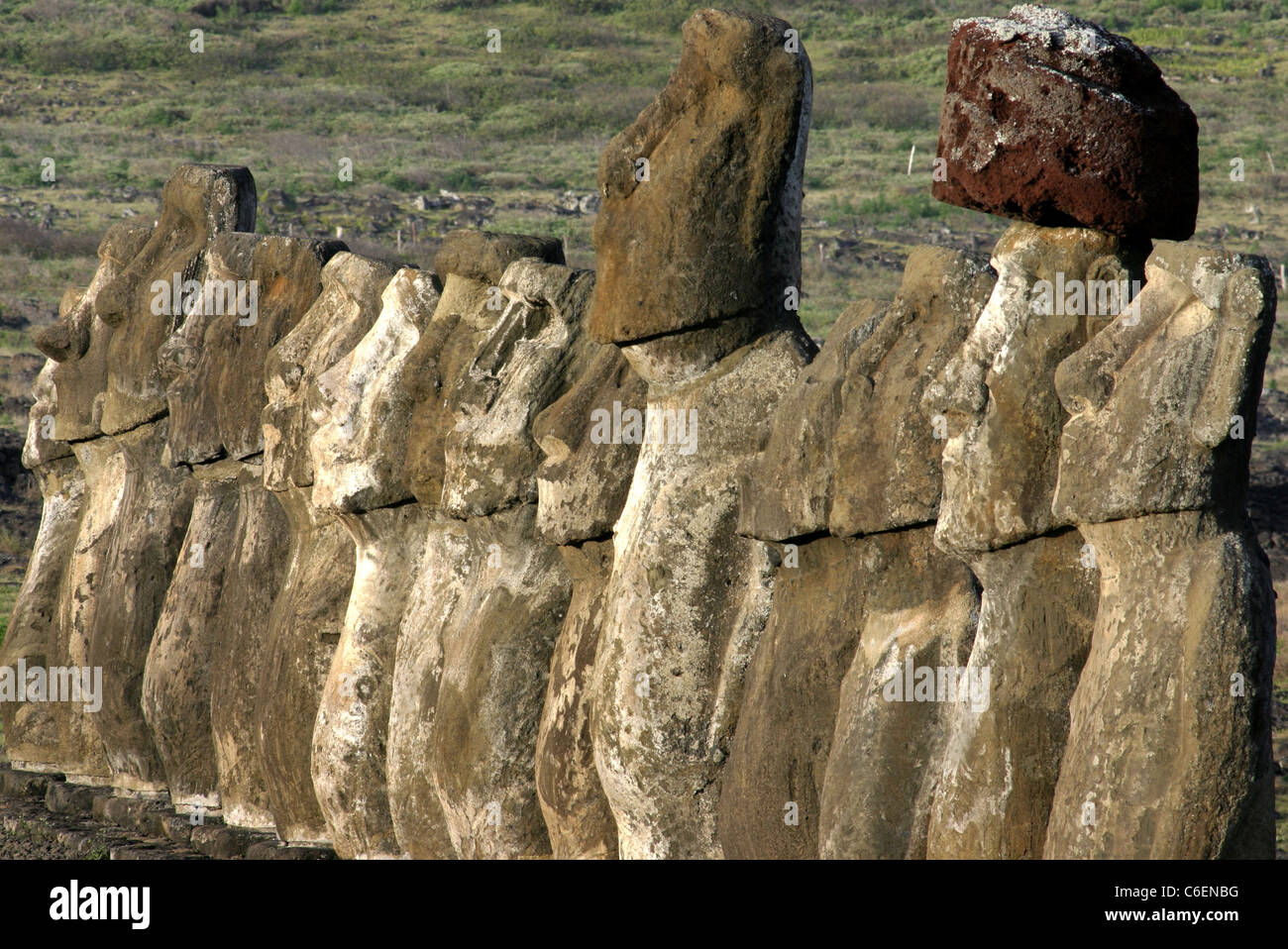 Closeup of Ahu Tongariki, the largest moai platform. Anakena Beach ...