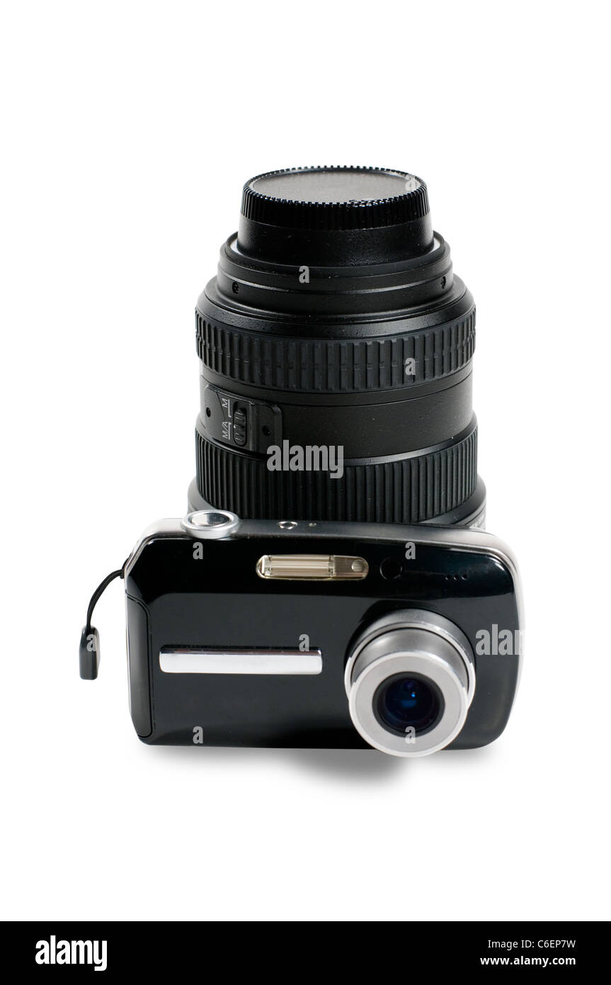 The small camera and the big lens it is isolated on a white background ...