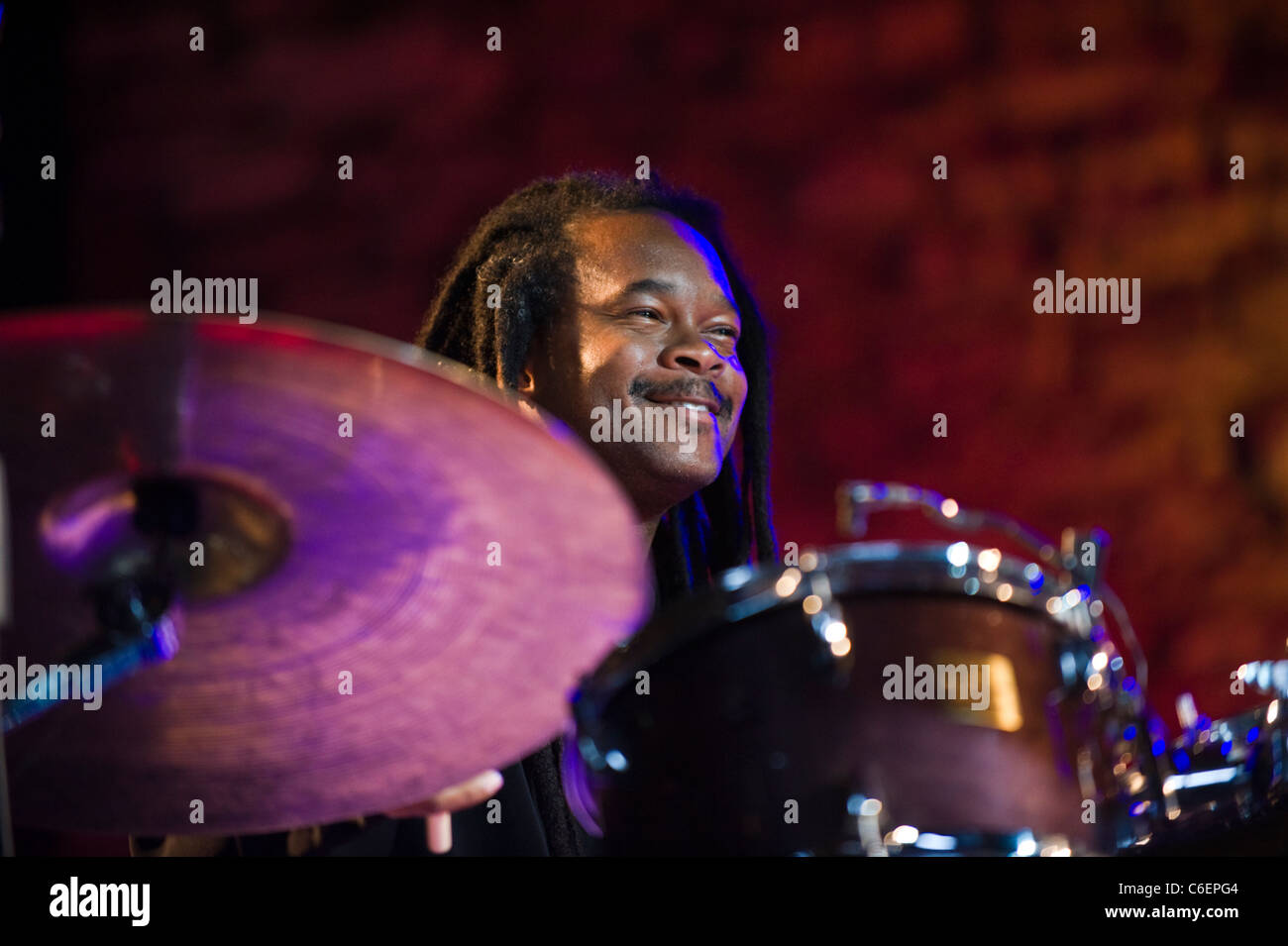 Drummer OBED CALVAIRE playing with Monty Alexander Trio at Brecon Jazz ...