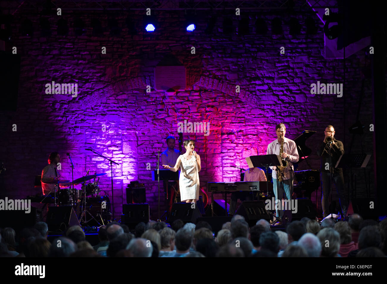 Singer vocalist Sara Mitra performing with her band at Brecon Jazz ...