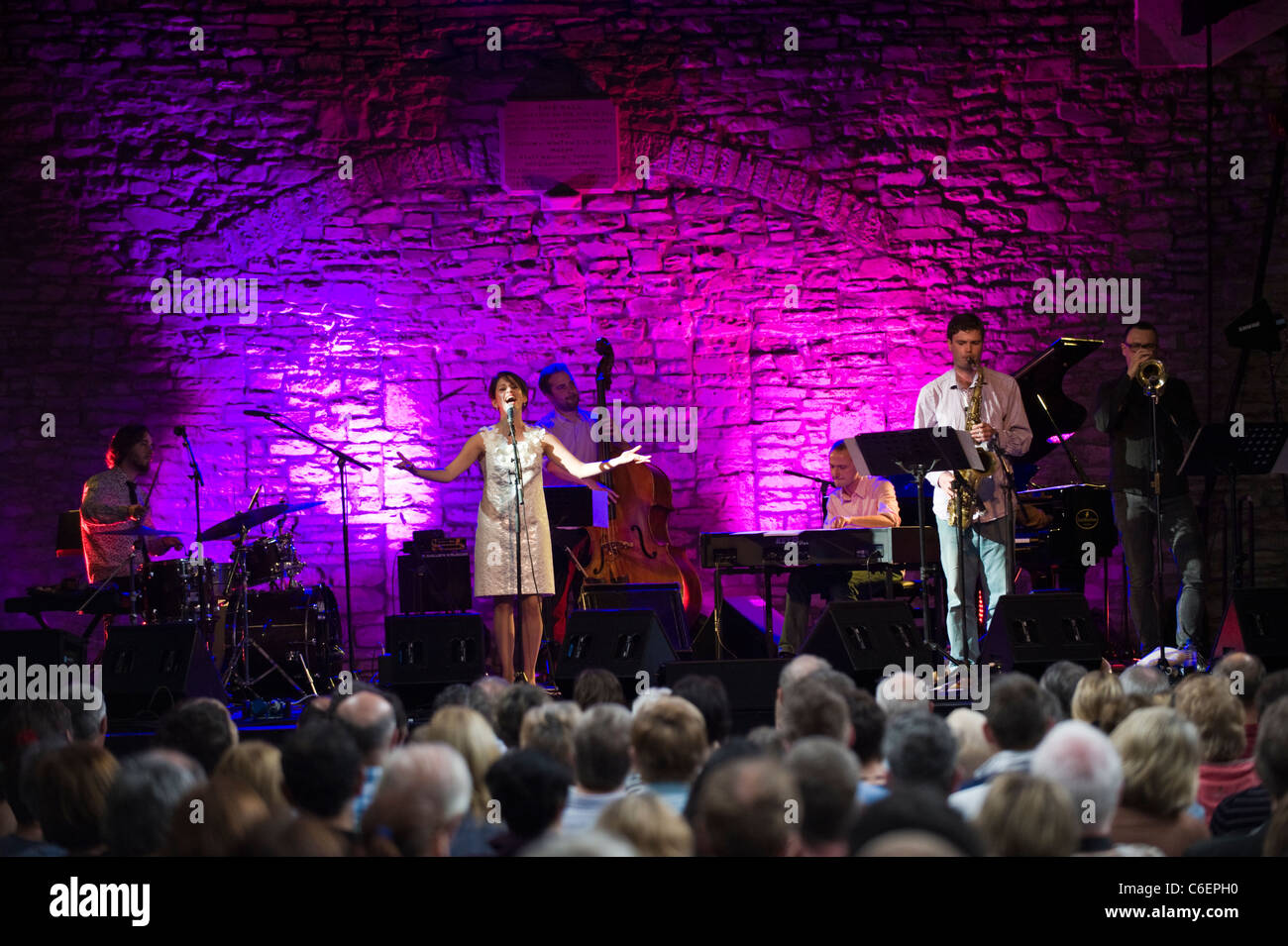 Singer vocalist Sara Mitra performing with her band at Brecon Jazz ...