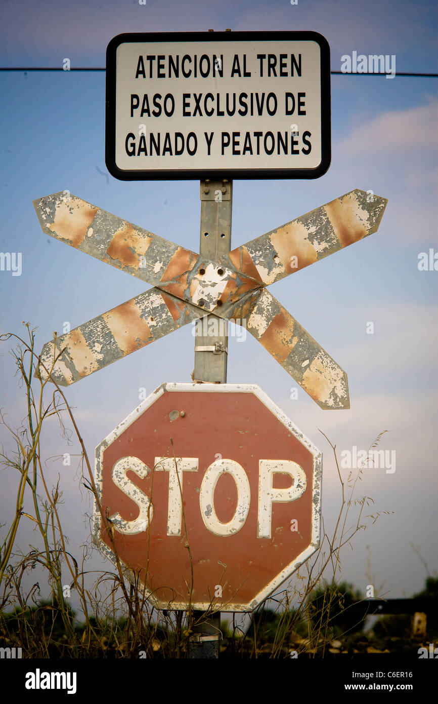 Stop sign in a raillway road - Valencia, Spain Stock Photo - Alamy