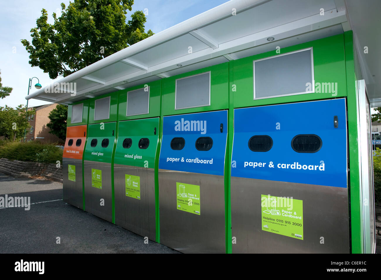 Line up of recycling bins UK Stock Photo - Alamy
