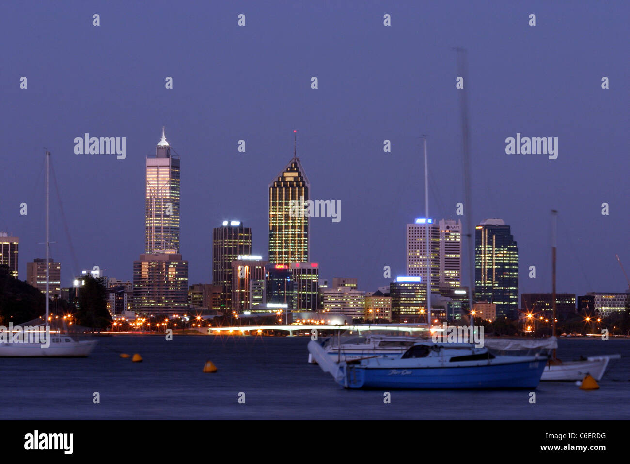Yachts and city skyline at dusk as seen from Crawley. Perth, Western ...
