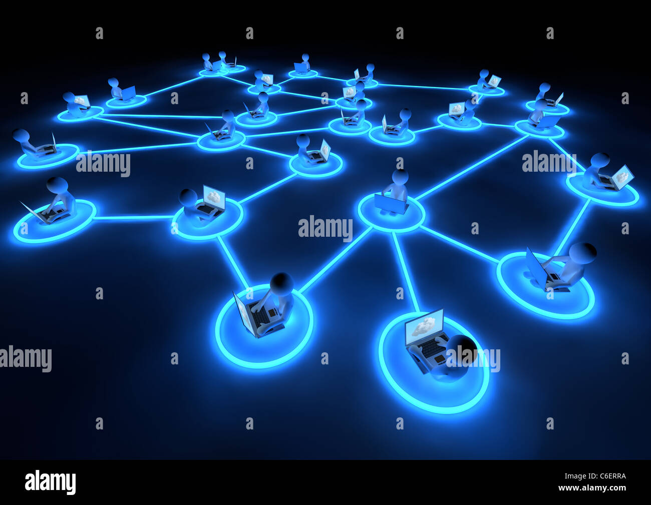 render of several people connected to each other through the cloud ...