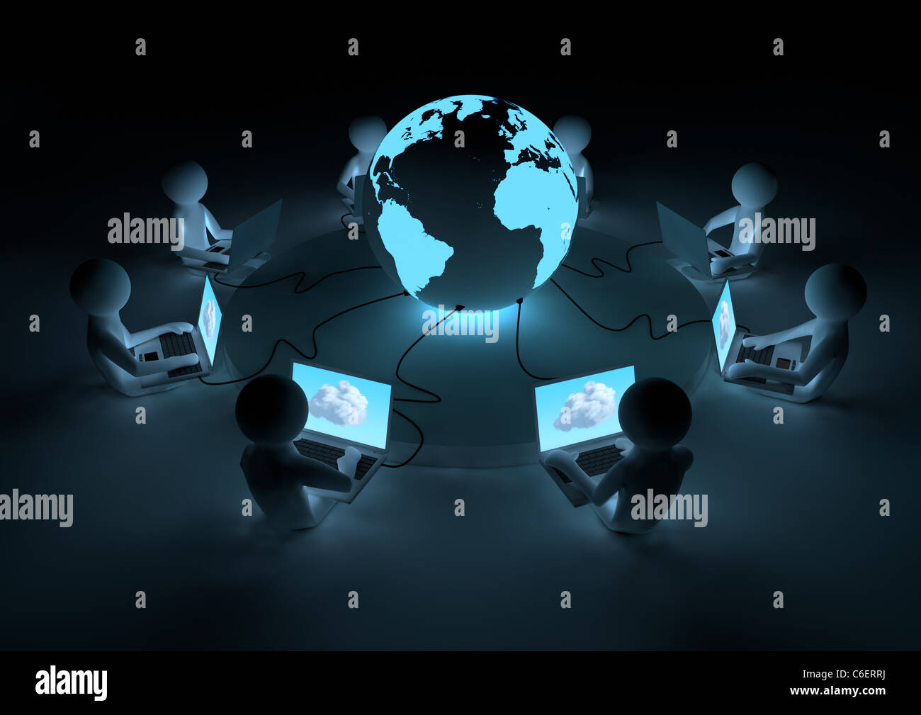 render of several laptops connected by wire to the internet and the ...