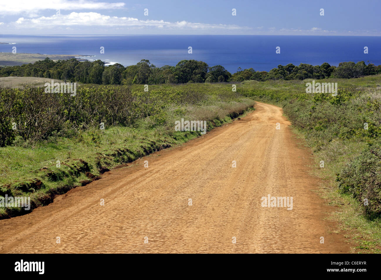 The road from Rano Kau to the south coast on Rapa Nui island. Rapa Nui ...