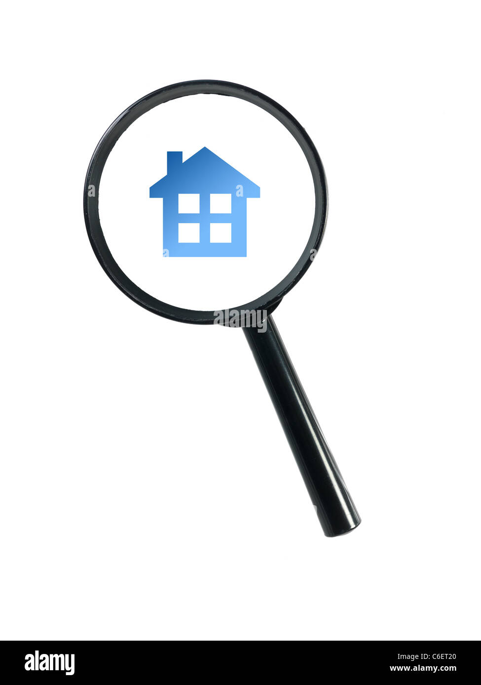 A magnifying glass and a house isolated against a white background ...