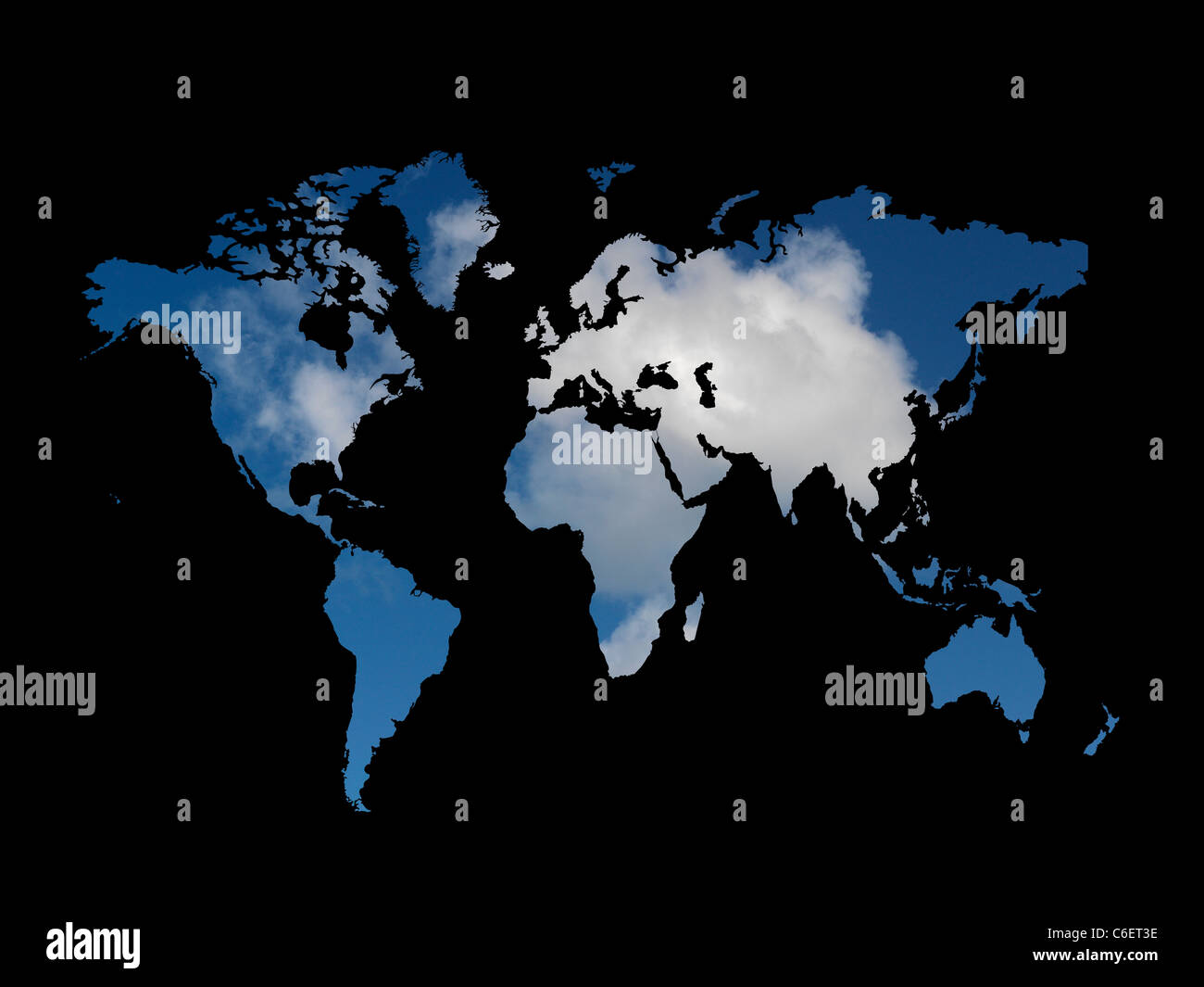 A cropped image of a world map of a cloudy blue sky Stock Photo - Alamy