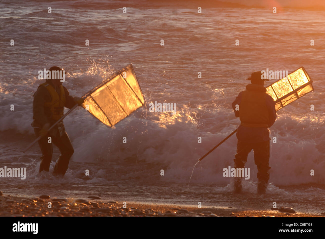 Whitebait fishing in surf at the Rakaia river mouth. Rakaia, Canterbury ...
