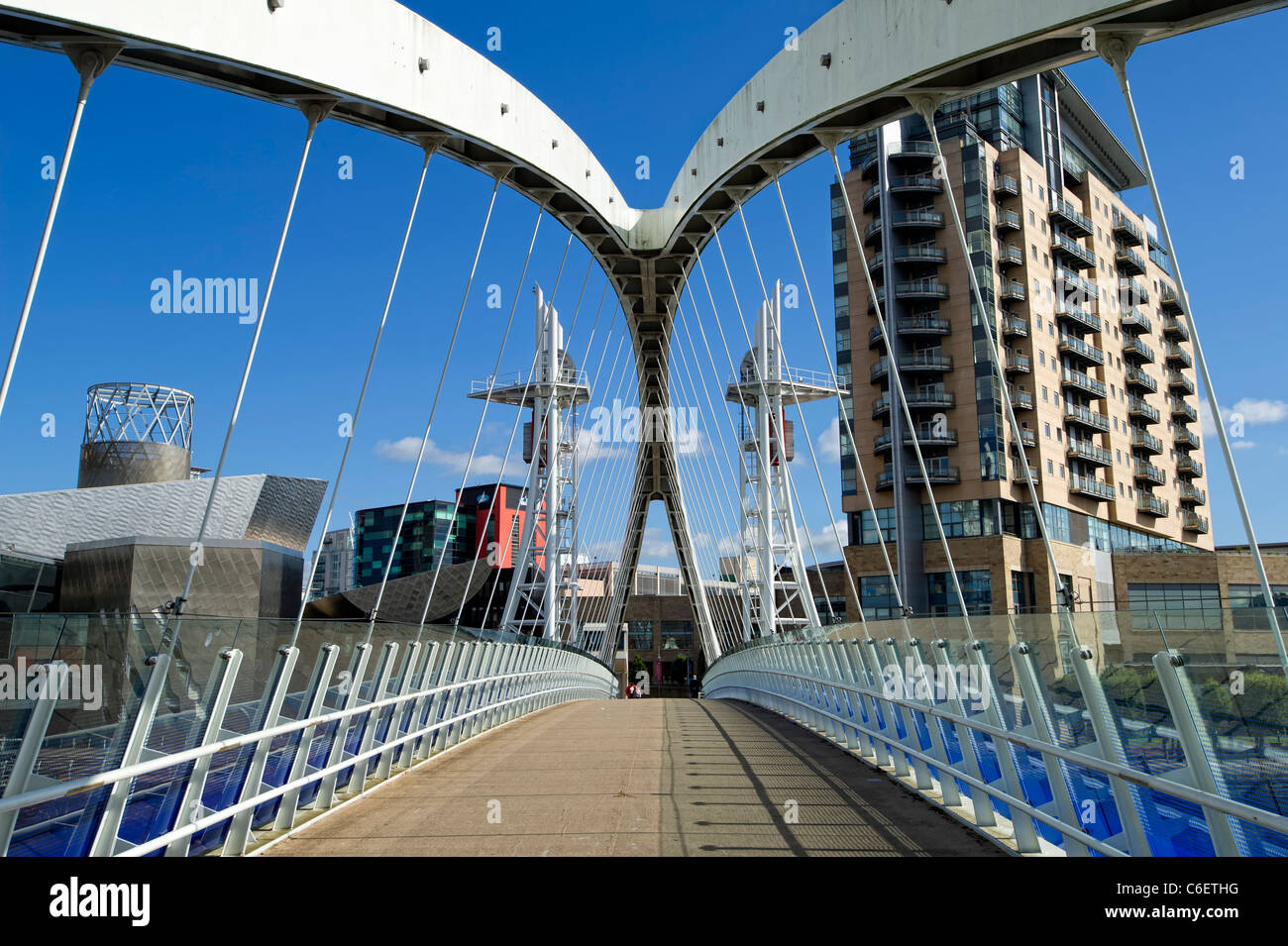 One of the modern bridges at Salford Quays near Manchester, England ...