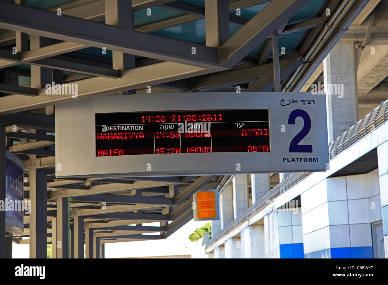 A public transport timetable at the platform of Ben Gurion airport ...