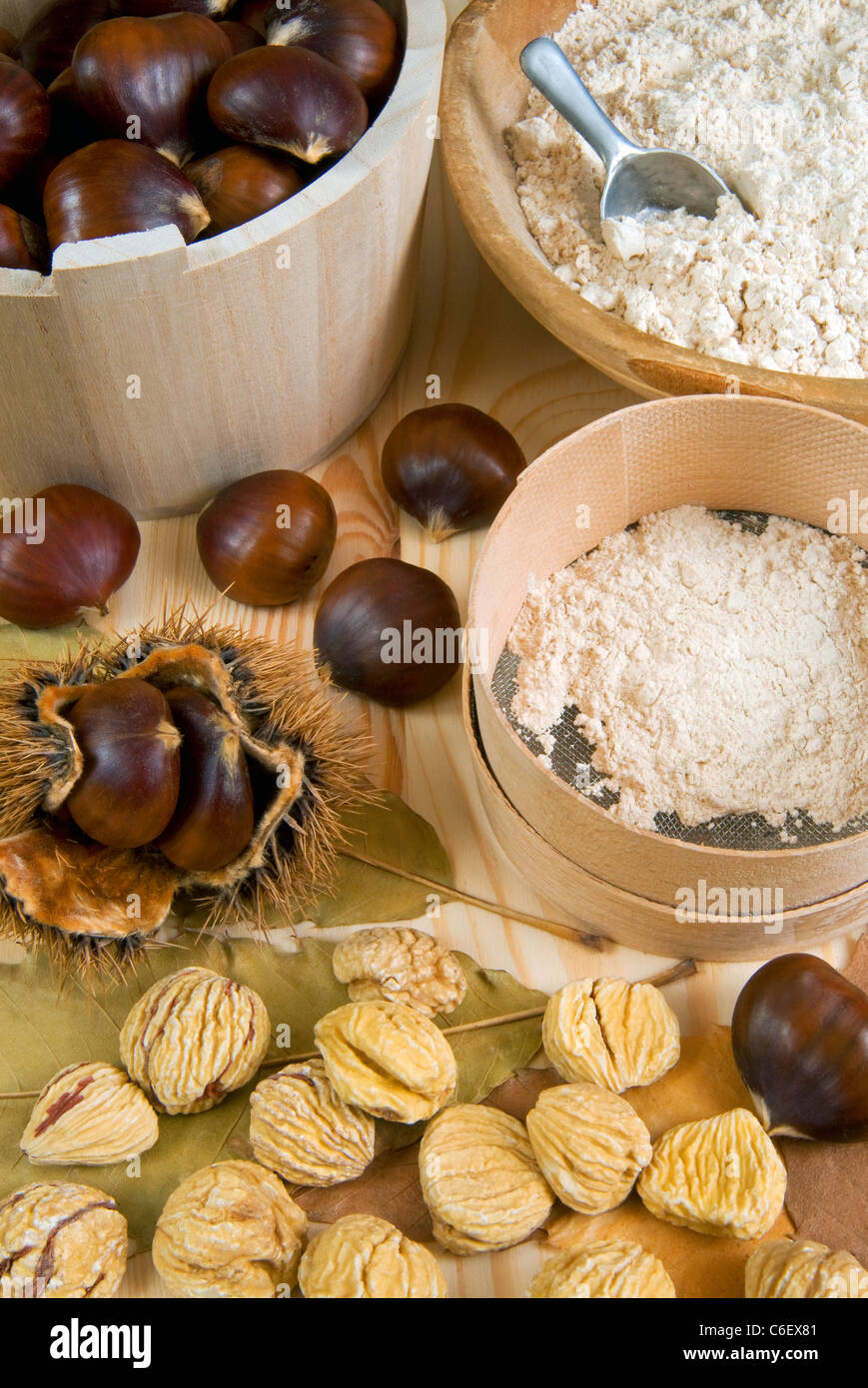Chestnuts, dried chestnuts and chestnut flour Stock Photo - Alamy