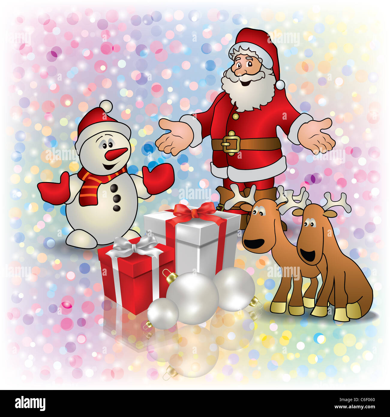 Abstract Christmas white greeting with Santa deer snowman and gifts ...