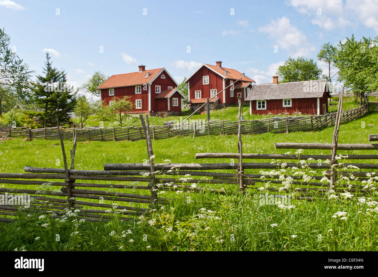 Old farm on a hill in an idyllic Swedish countryside landscape, Åsensby ...
