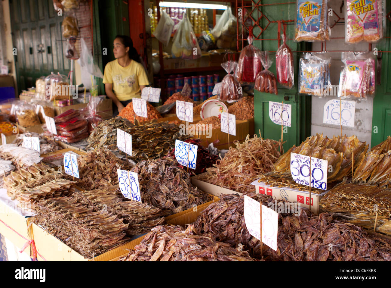 Dried fish and squid on a stall at a market in the Rattanakosin (Old ...