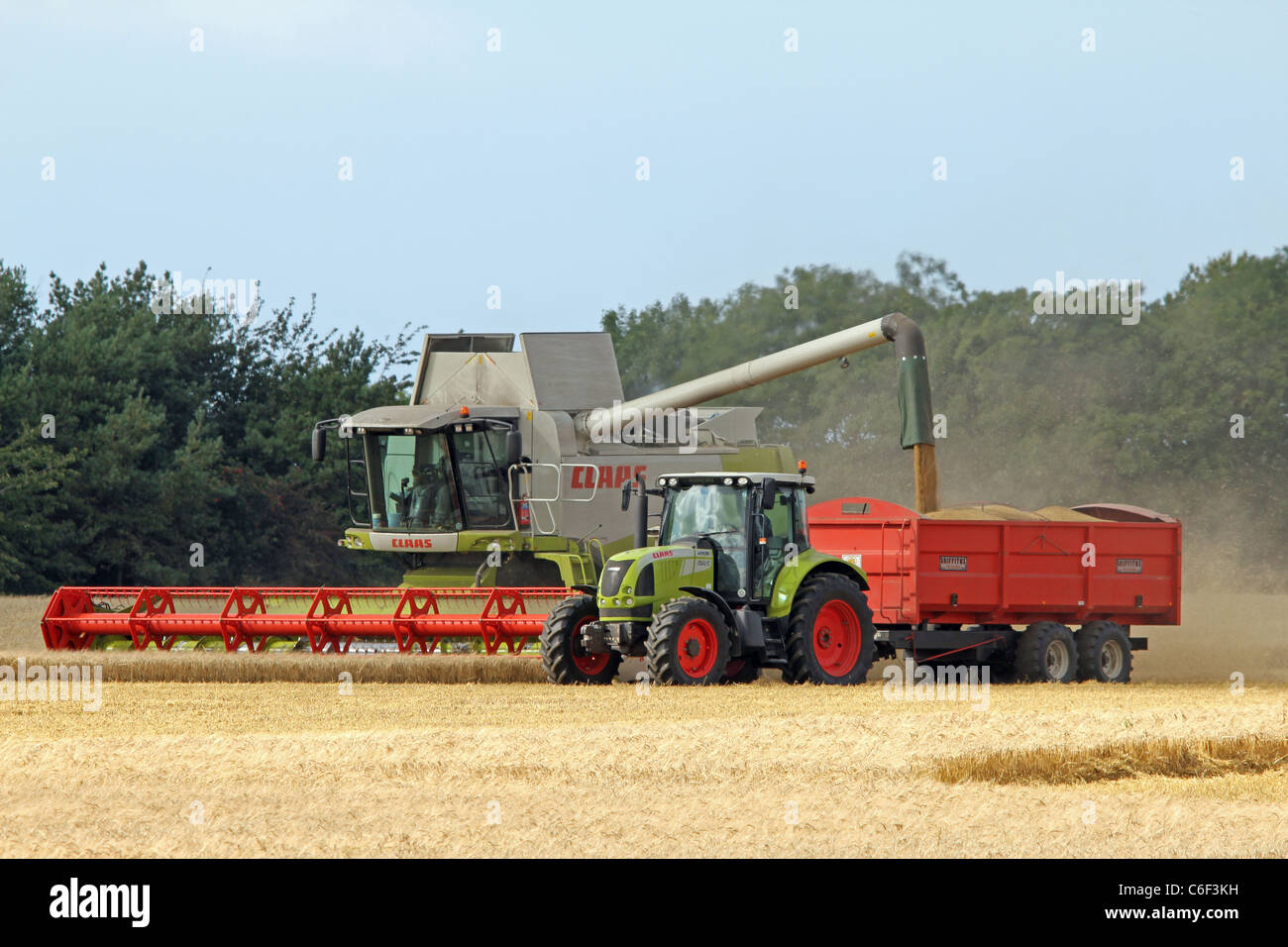 A Claas combine harvester and Claas tractor at work cutting wheat and ...