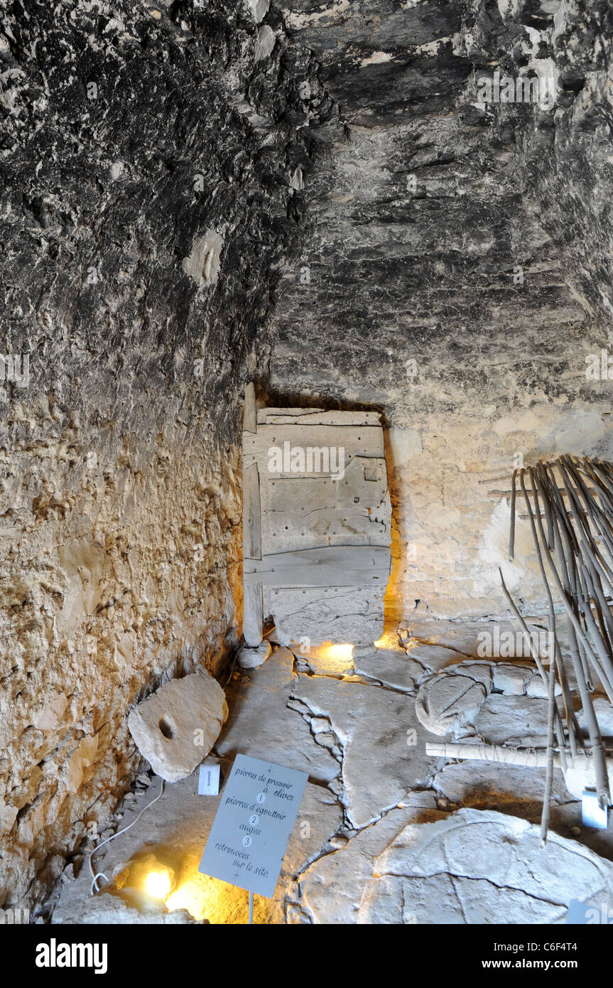 Interior of ancient hut made from stones in The Bories Village, near ...