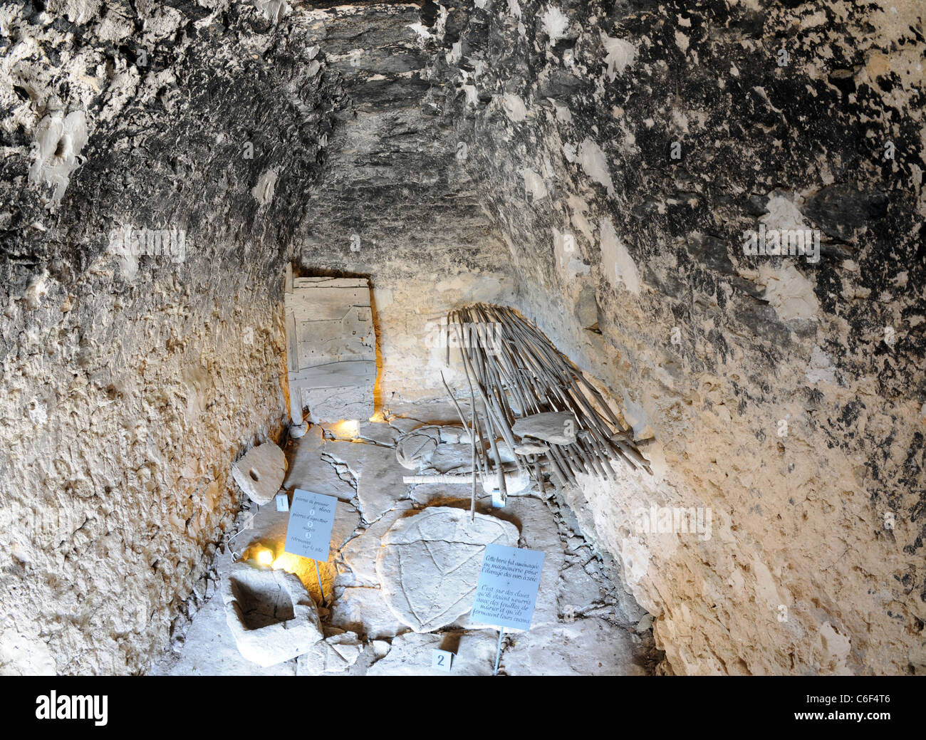 Interior of ancient hut made from stones in The Bories Village, near ...