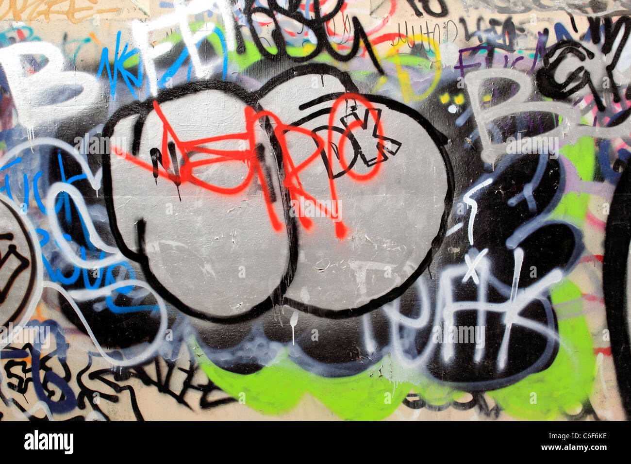 Graffiti on walls under the A316 flyover Hanworth, Surrey, England, UK ...
