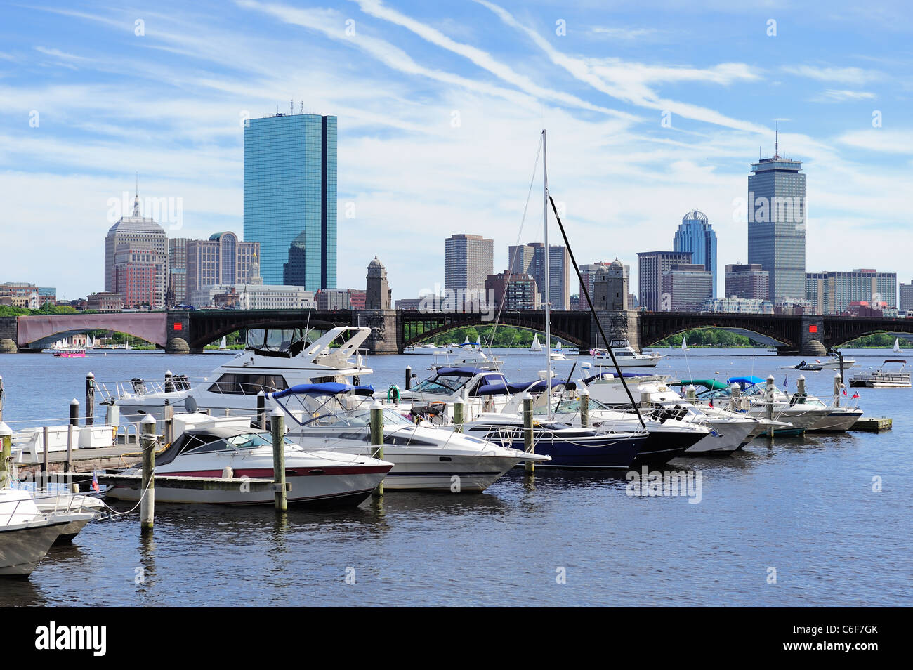 Boston Charles River with urban city skyline skyscrapers and boats with ...