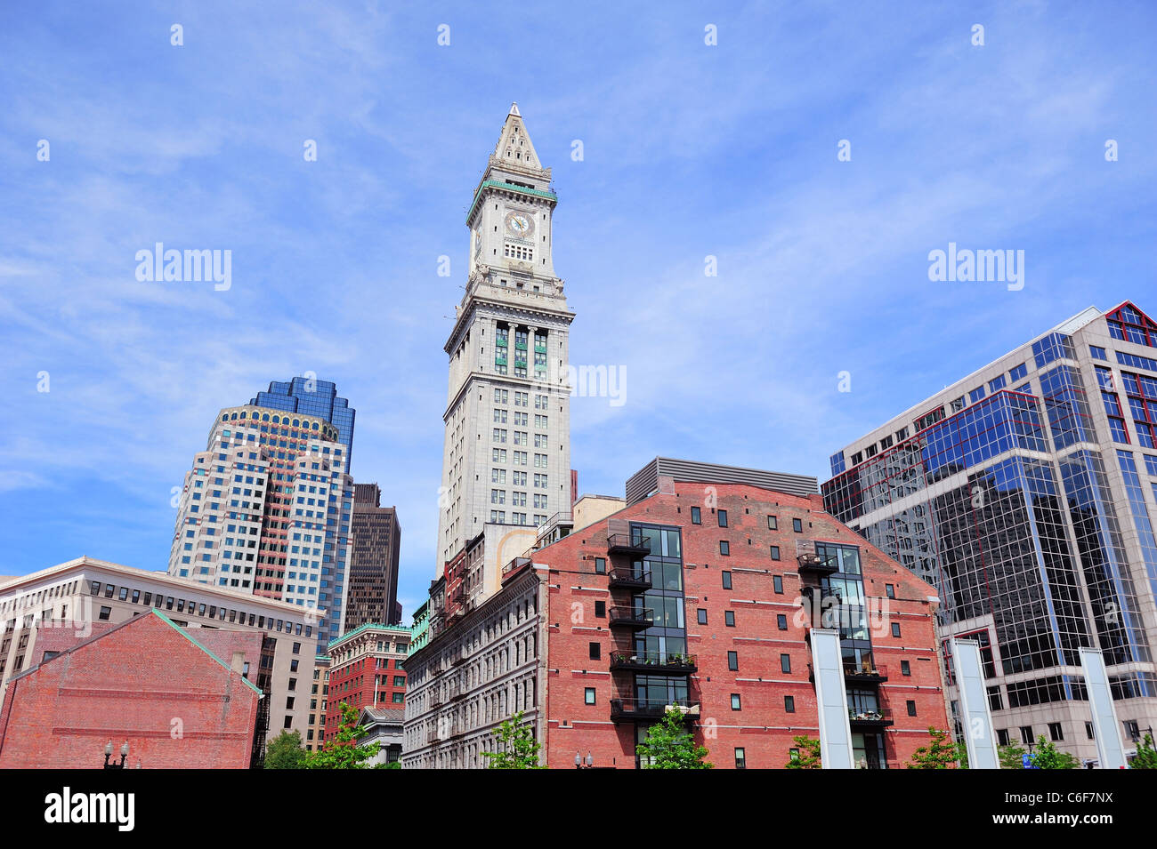 Boston Custom House Clock Tower in downtown with city skyline Stock ...