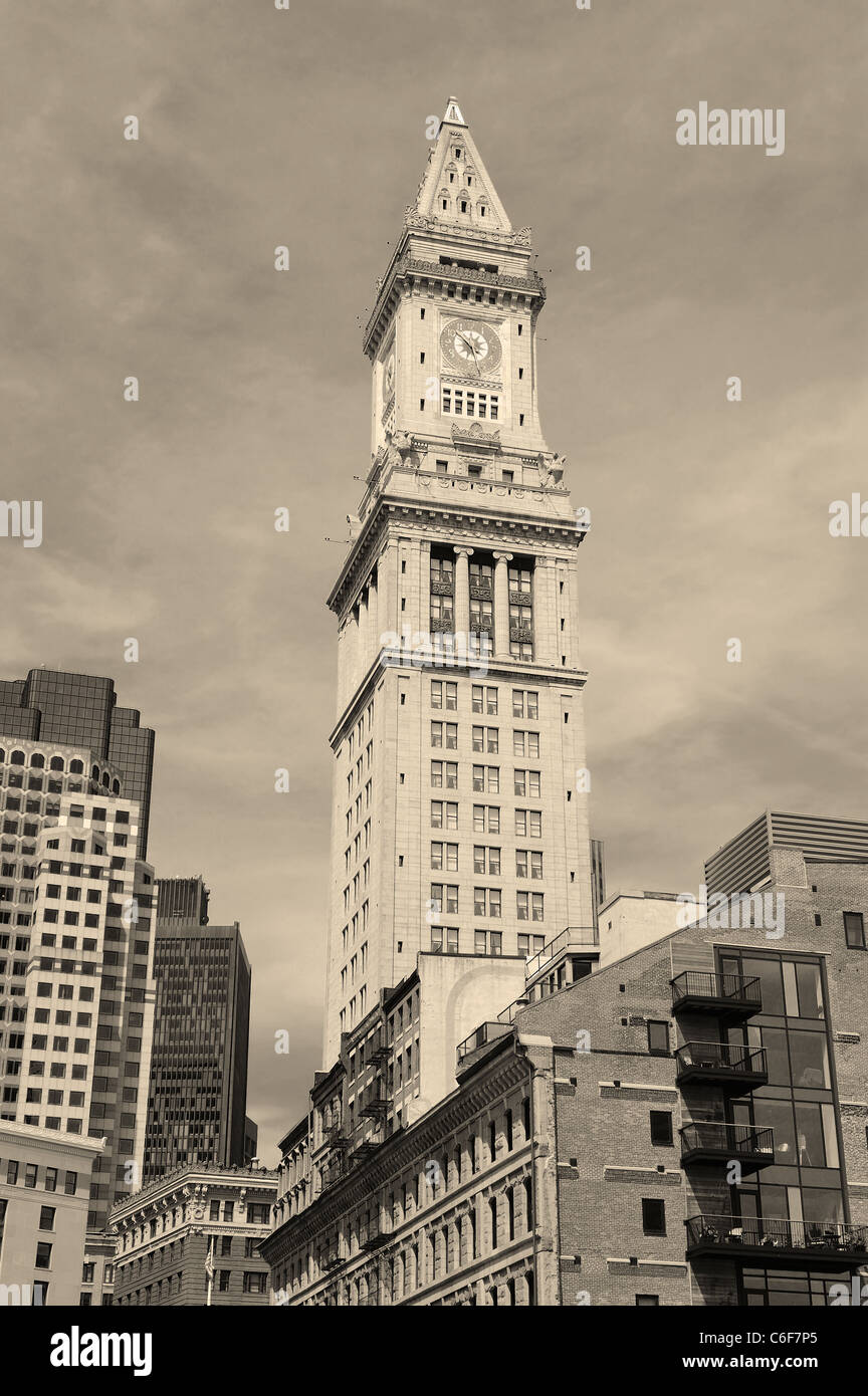 Boston Custom House Clock Tower in downtown in Black and White Stock ...