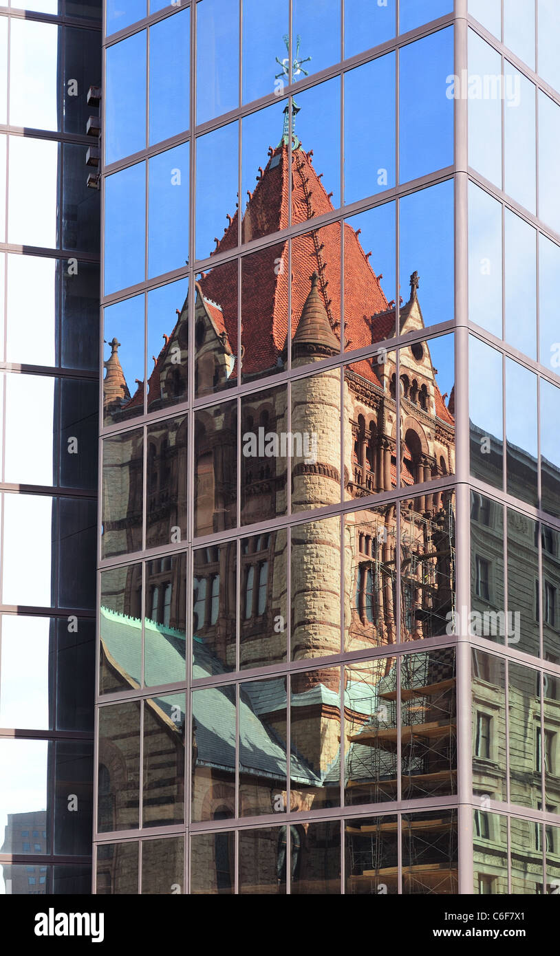 Trinity Church reflection on Hancock Building in Boston street Stock ...