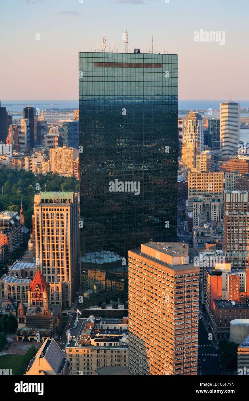 Urban city aerial view. Boston aerial view with skyscrapers at sunset ...