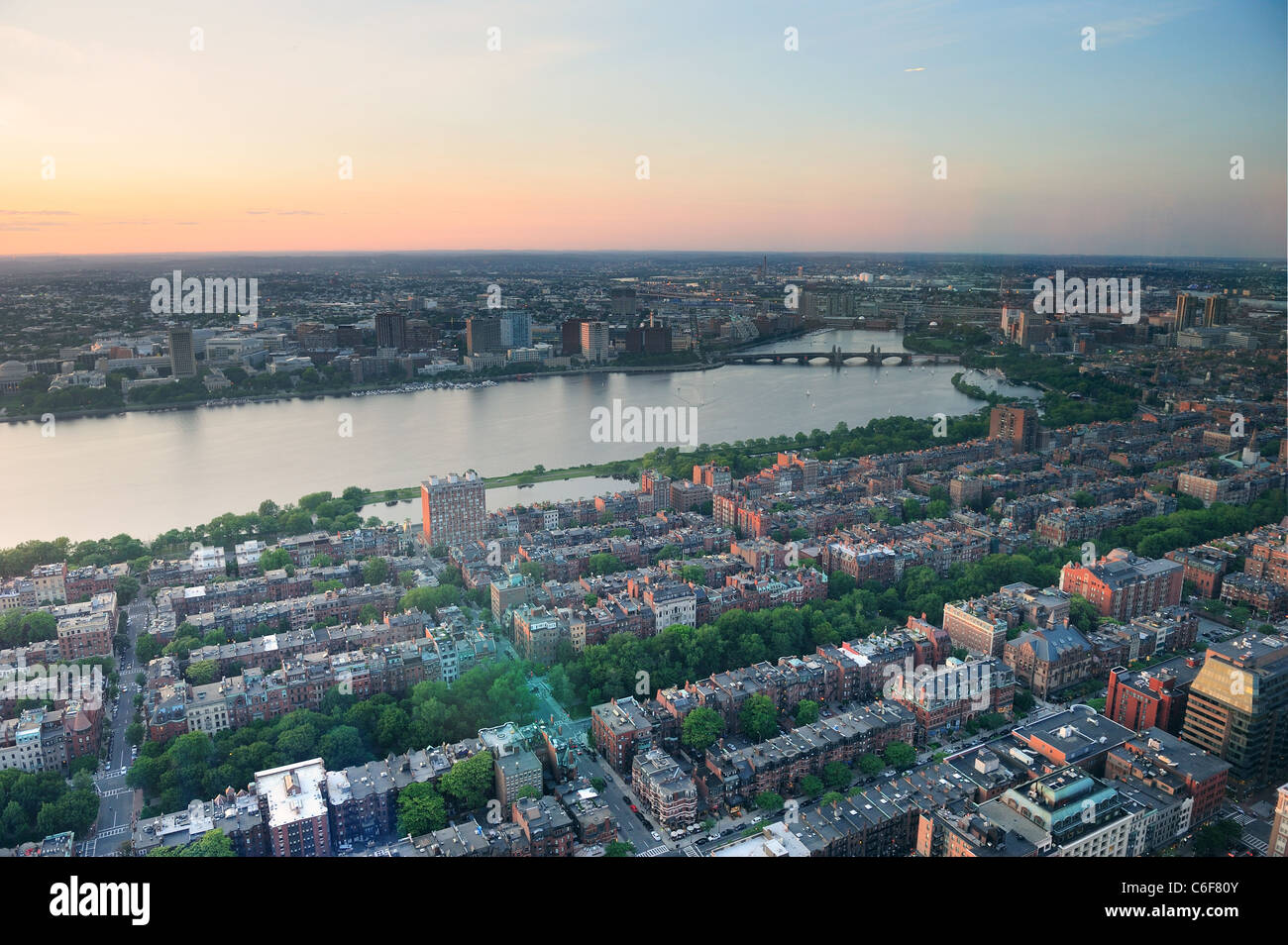Boston Charles River sunset aerial view with urban buildings and bridge ...