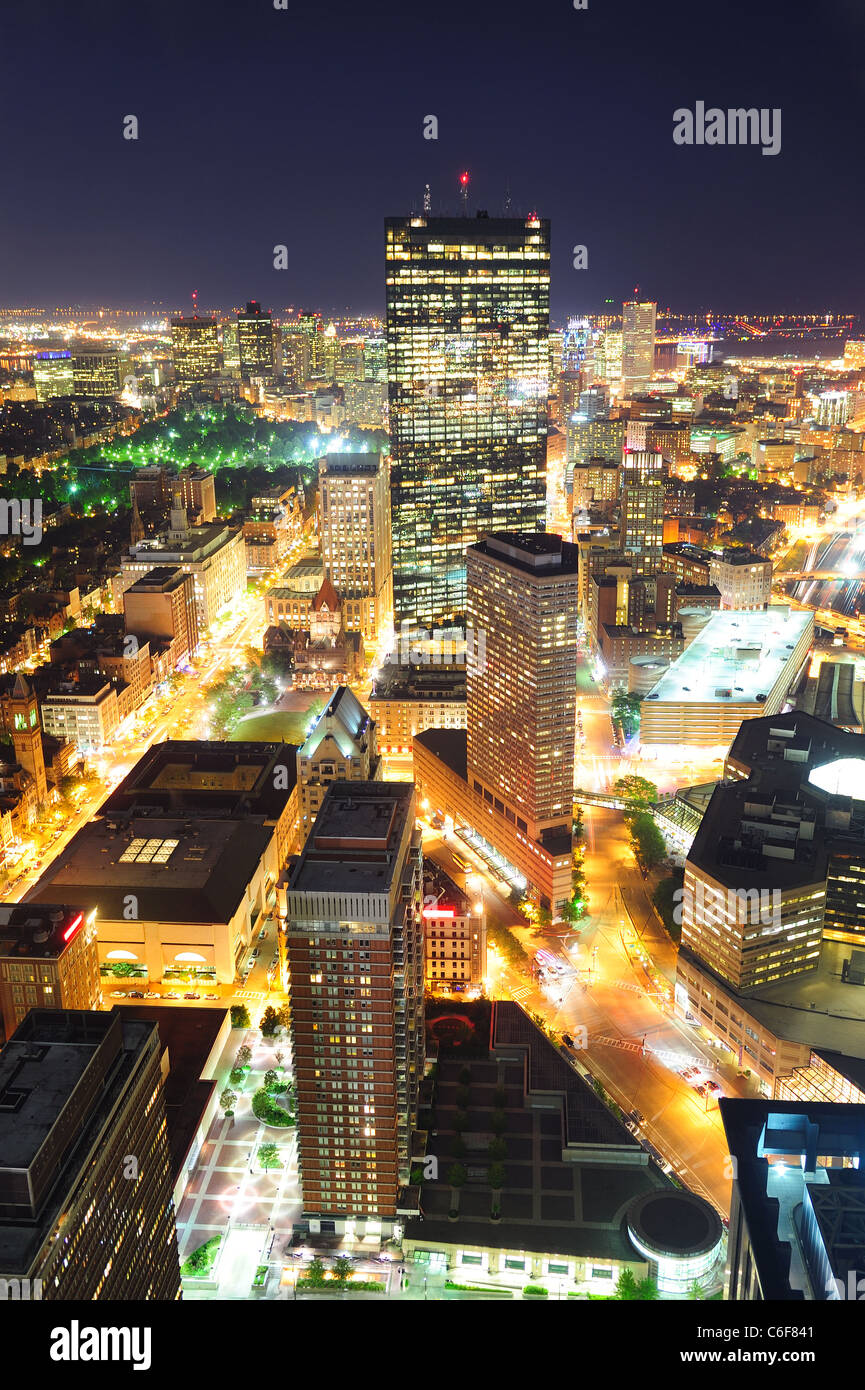 Boston aerial view with skyscrapers at night with city skyline ...