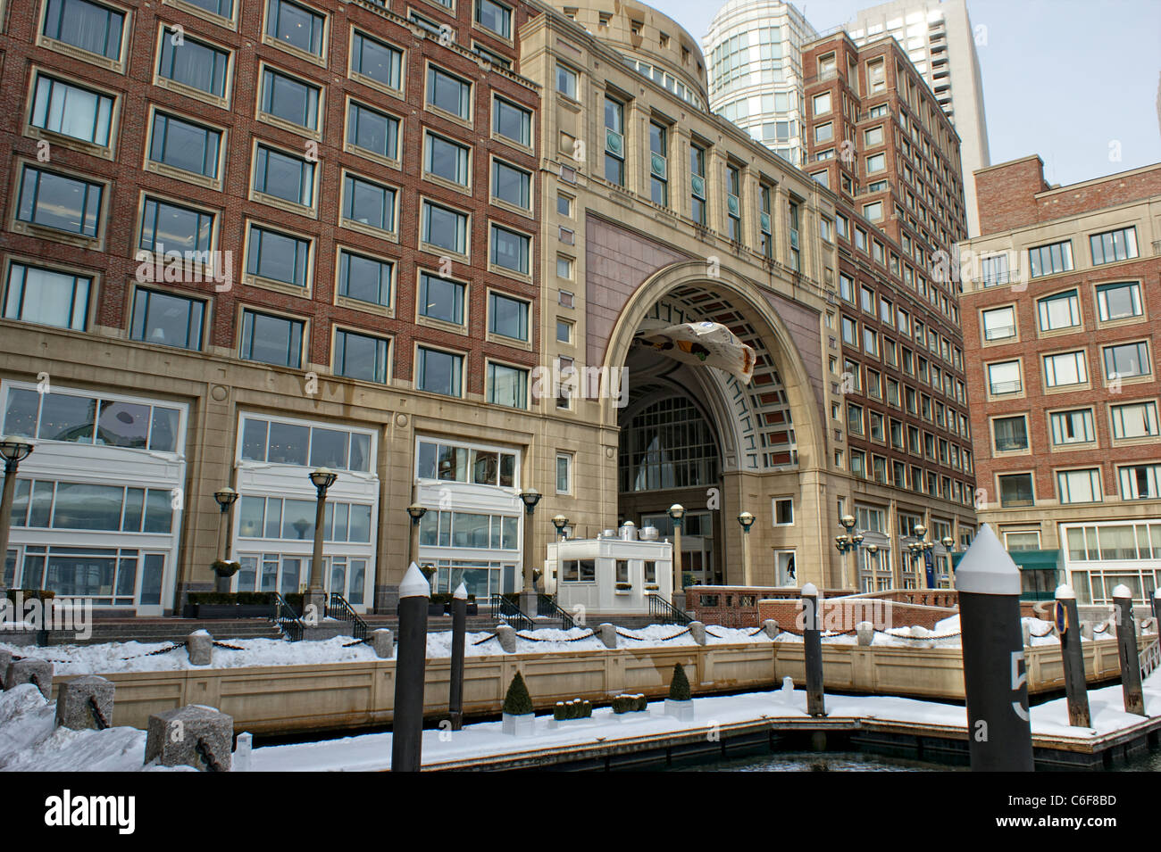 View of the arched entrance to Historic Rowe's Wharf from inside the ...