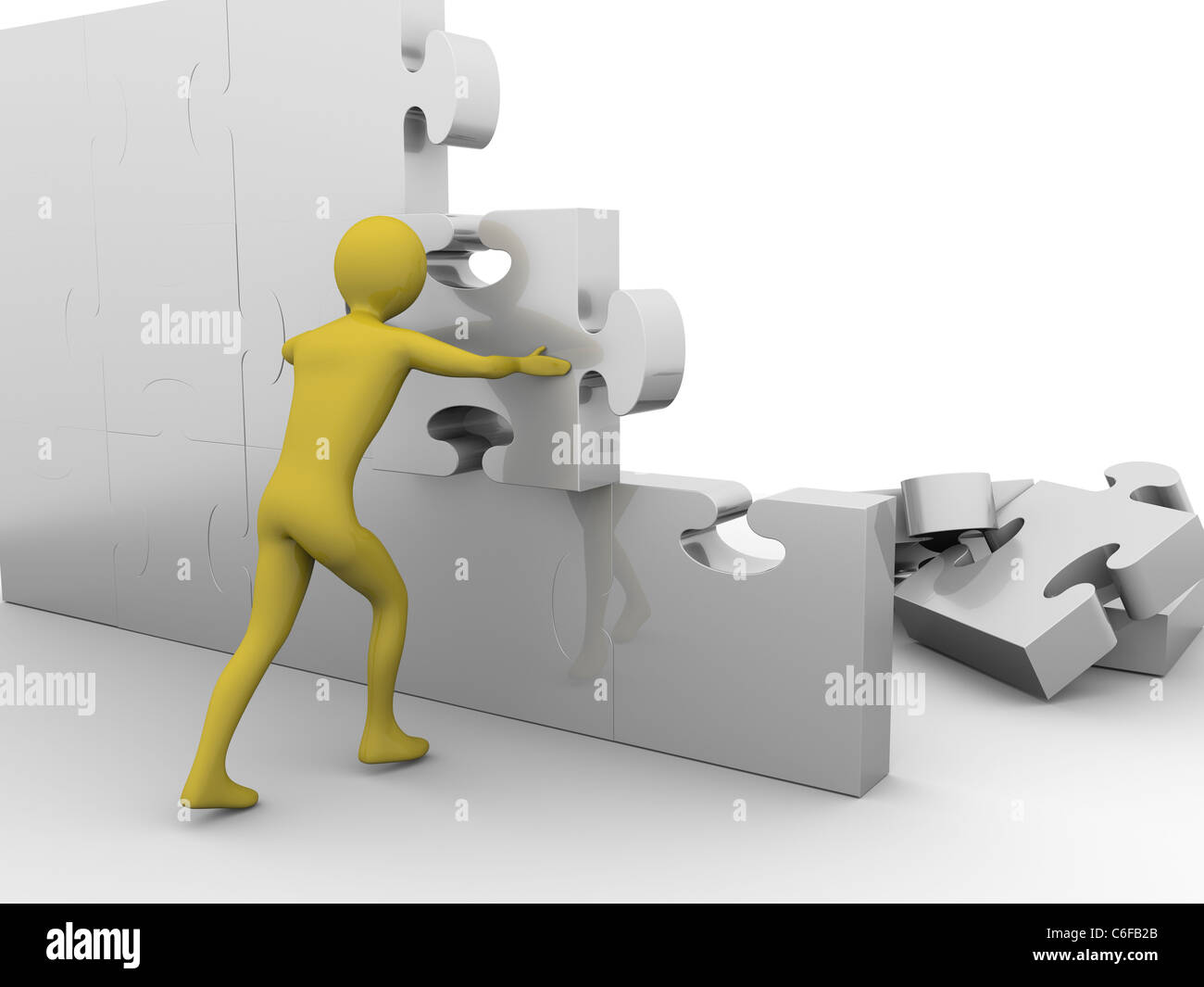 Building up a jigsaw wall. High resolution 3D render isolated on white ...